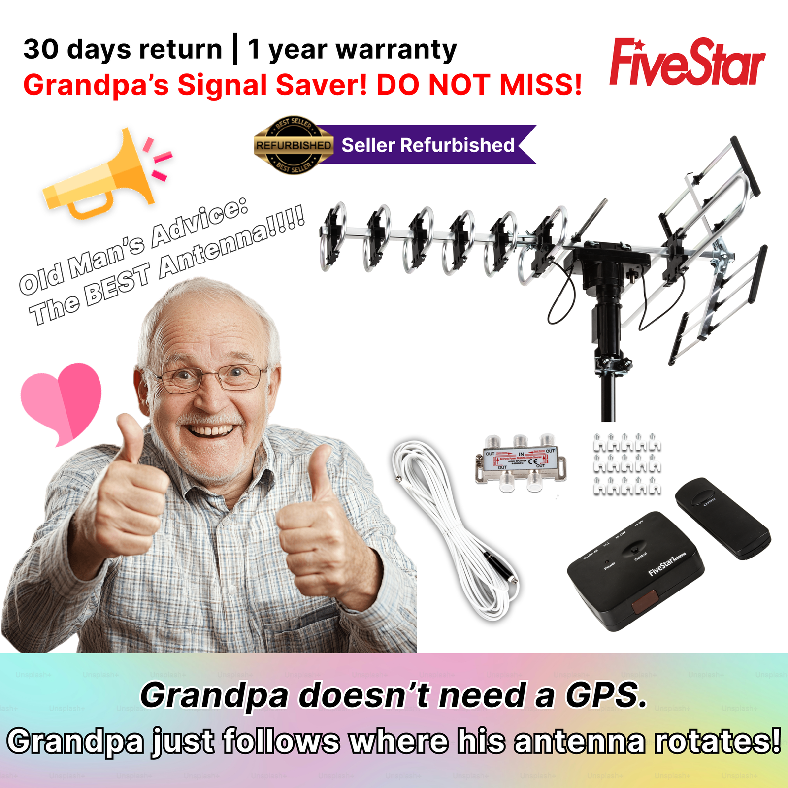 Outdoor TV Antenna 4K 360 Degree Rotation with Kit + Remote Control for ...