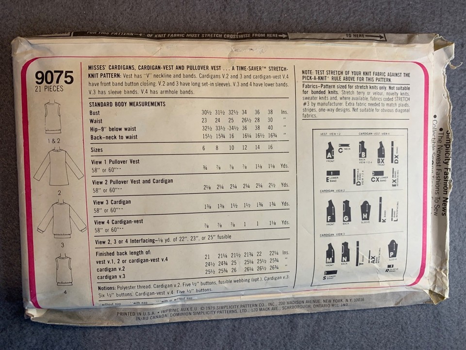 Simplicity Misses Cardigans Vest Sewing Pattern Size 12 14 16 9075 ...