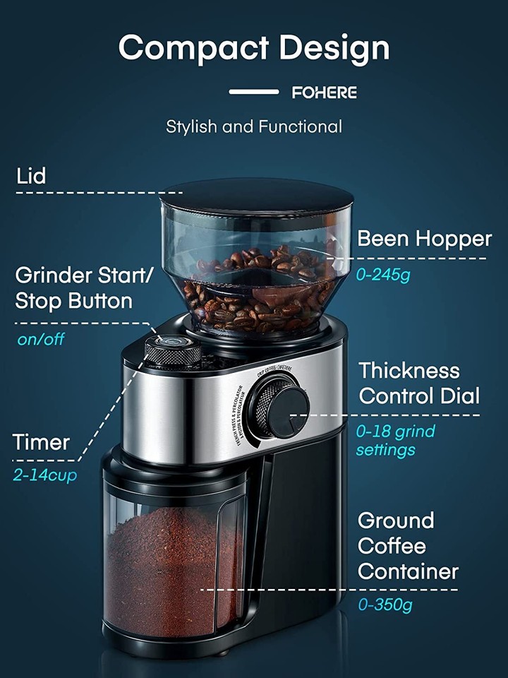Coffee Bean Grinder with 18 Precise Grind Settings 2-14 Cup Coffee ...