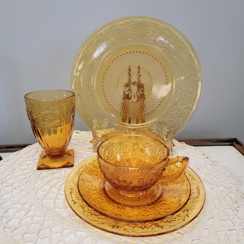Place Setting of 4 - Indiana Glass Daisy Amber Plates and glasses | eBay