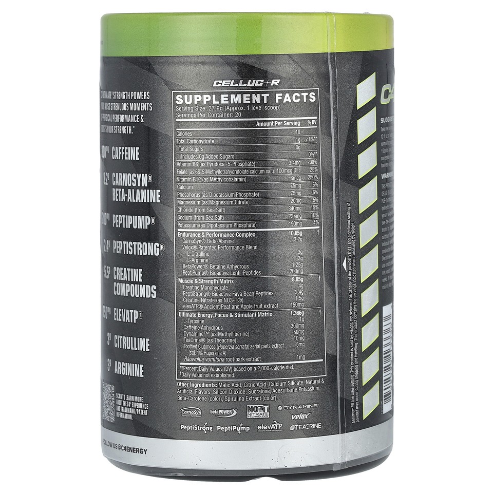 C4 Ultimate Strength, Pre-Workout, Sour Green Apple, 1.23 lbs (558 g ...