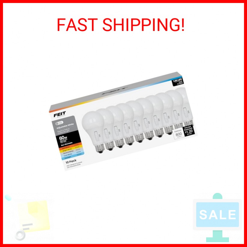 Feit Electric A19 LED Light Bulb, 60W Equiv, Non-Dimmable, Selectable ...