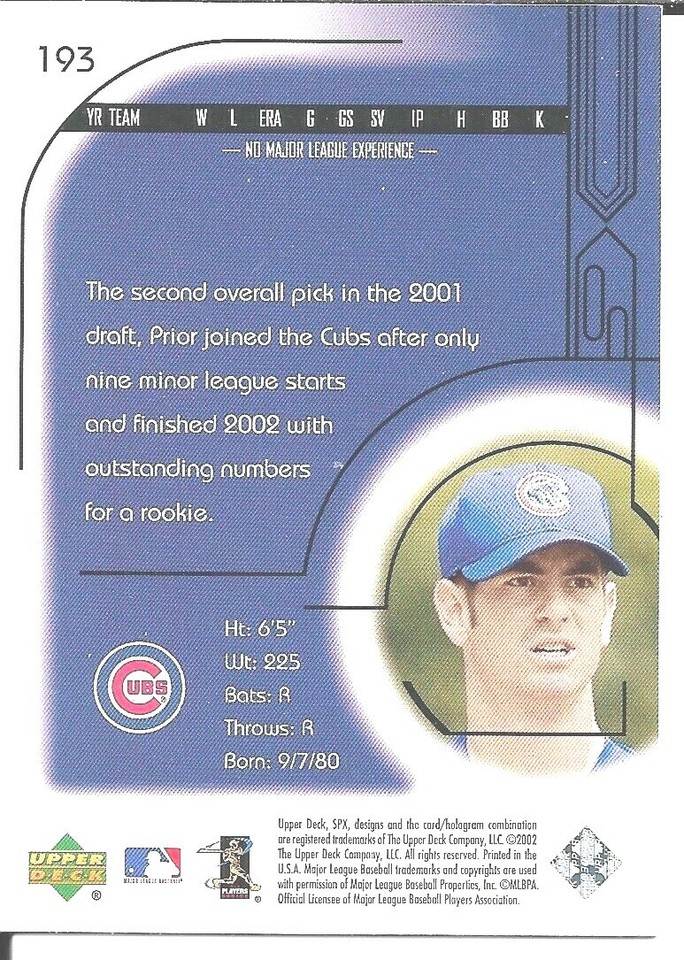 2002 SPX Upper Deck Rookie Mark Prior 193 Chicago Cubs Baseball | eBay