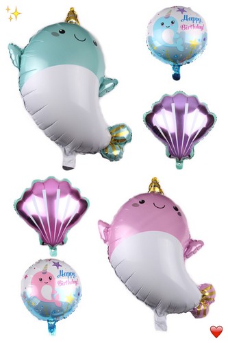 7Pcs Rainbow Narwhal BALLOONS Shell Foil HELIUM Magical Under The Sea ...