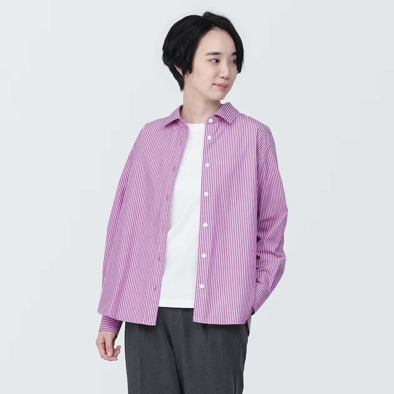 MUJI Womens 100% Organic Cotton Regular Collar Shirt Pink Stripe FedEx ...