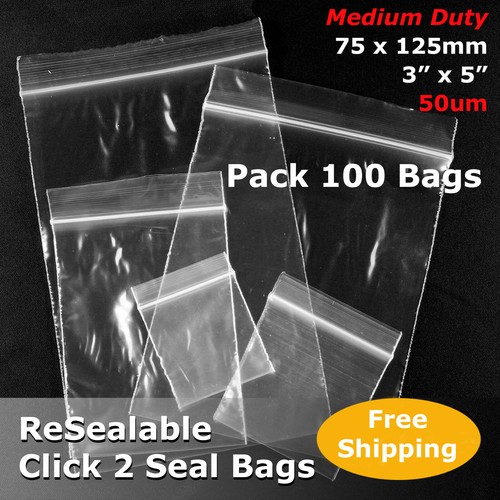 100 ReSealable Zip Lock Click Seal Poly 50um Bags 75x125mm 3"x5" #RB535 ...