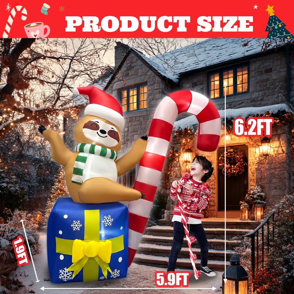 6ft Christmas Inflatable Sloth with Candy Cane Decorations Built-in LED ...