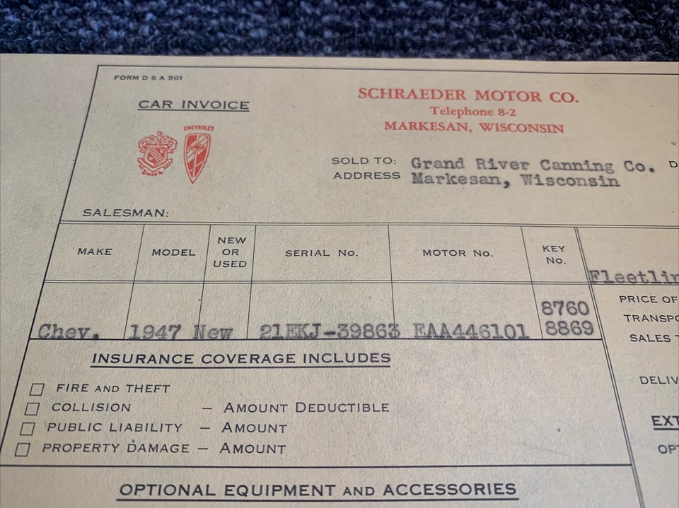 Vtg 1947 Chevrolet New Auto Dealer Sales Receipt Car Dealership Invoice ...
