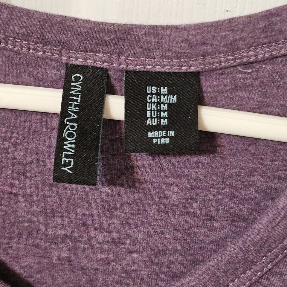 CYNTHIA ROWLEY V- Neck Short Cap Sleeve T-Shirt Purple Small Side Split ...