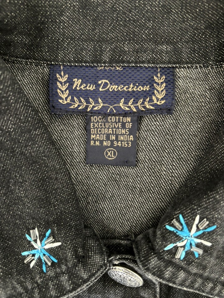 VINTAGE New Direction Black Denim Jacket Womens Size: XL Embroidered ...
