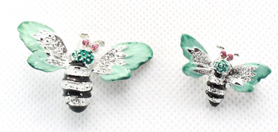Brooch Pin - Honey Bees - Blue/Green Enamel - Pink Rhinestones - Silver ...