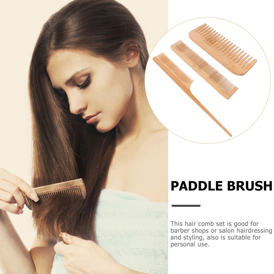 3 Pcs Bamboo Hair Brush Set Fine Wide Tooth Rat Tail Hairdressing Combs ...