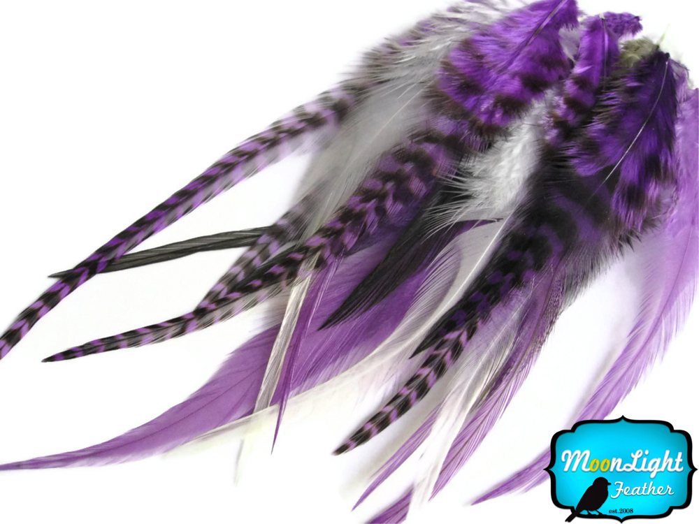 2 Dozen - Short PURPLE MIX Grizzly Rooster Hackle Hair extension ...
