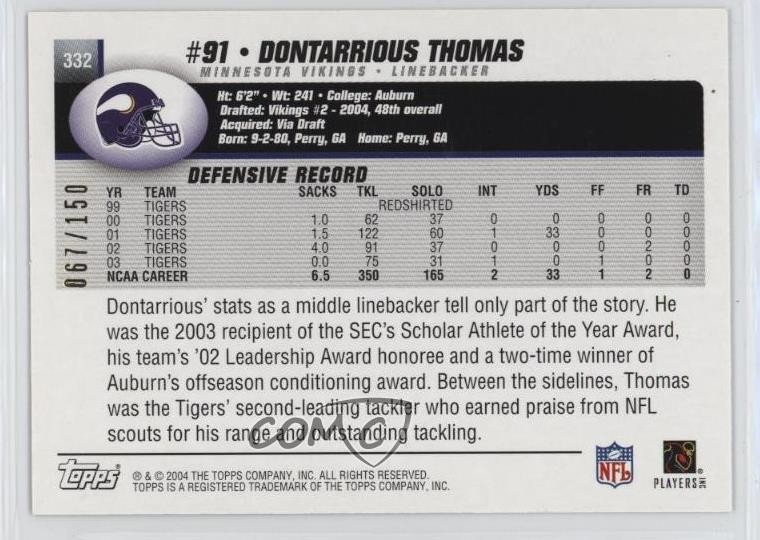 2004 Topps Black /150 Dontarrious Thomas #332 Rookie RC | eBay