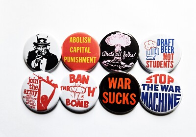 Vintage Reproduction Protest Pinback Buttons Magnets & Bottle Openers ...