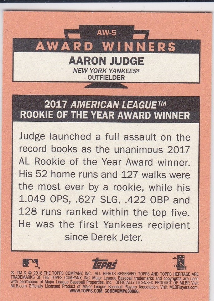 AARON JUDGE 2017 ROOKIE ROY AW CARD Topps Heritage Baseball NEW YORK ...