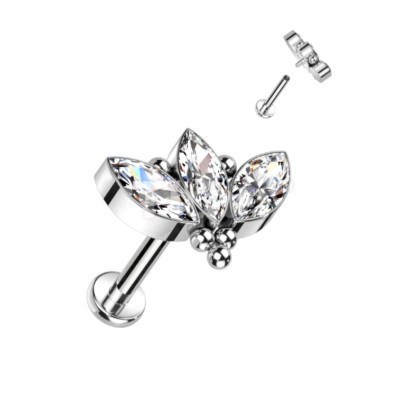 3 Stone Marquise Clear CZ and Trinity Beads with Labret Post | eBay