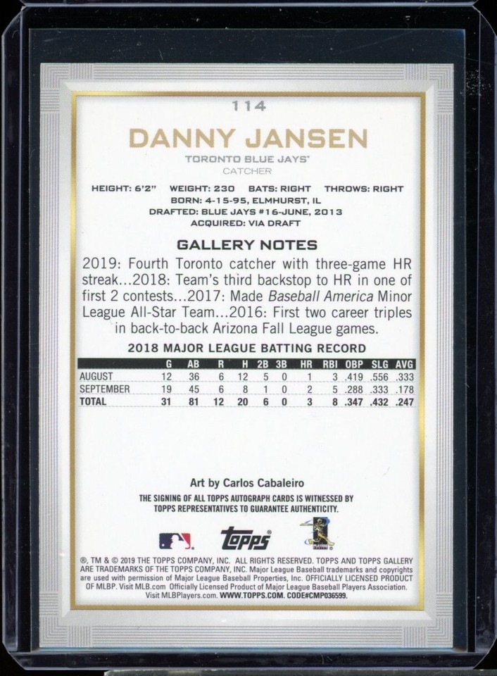 2019 Topps "gallery" DANNY JANSEN rookie RC autograph AUTO blue jays | eBay