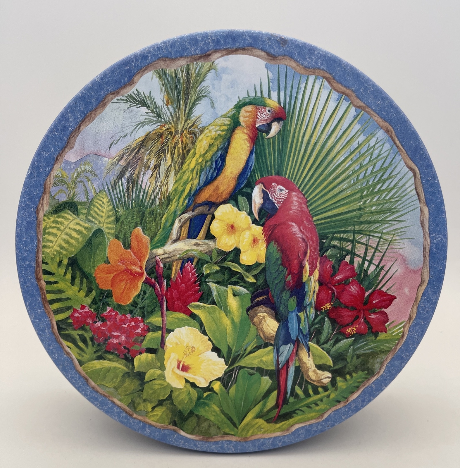 Vintage Indecco 8" Round Parrot Tin Birds With Lid | eBay