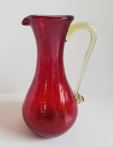 VTG Pilgrim Glass Hand Blown Ruby Red Crackle Pitcher + Applied Amber ...