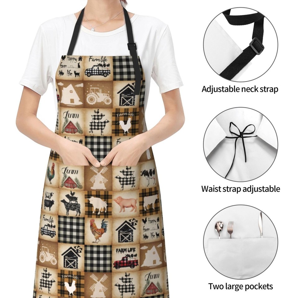 Farm Animal Apron with Pockets - Buffalo Plaid Rooster Apron Country ...