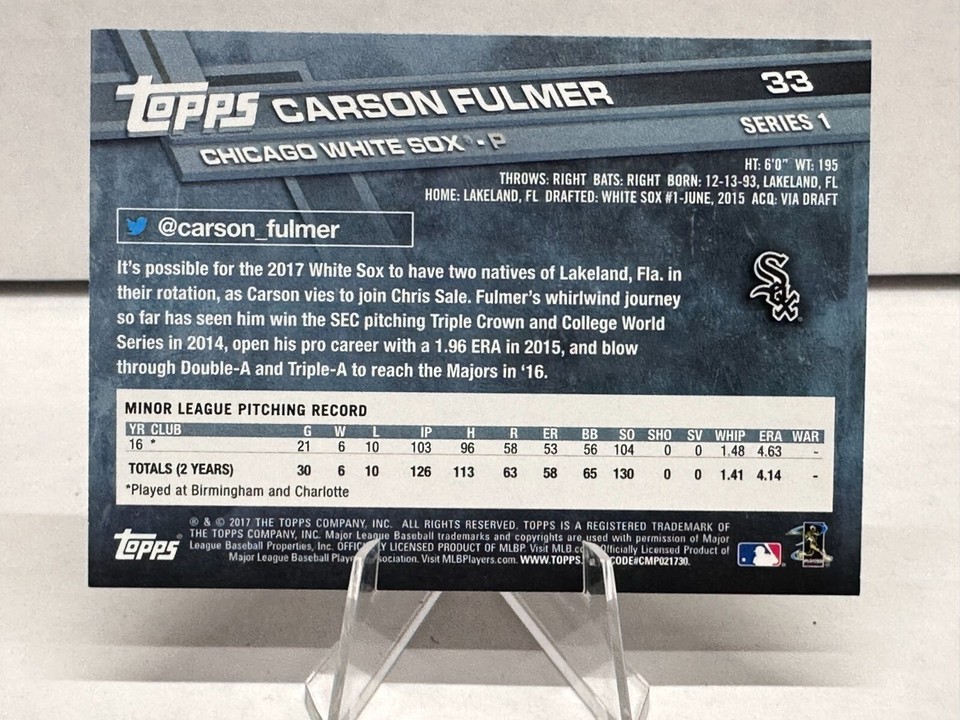 2017 Topps Opening Day Baseball Card #121 Carson Fulmer RC Chicago ...