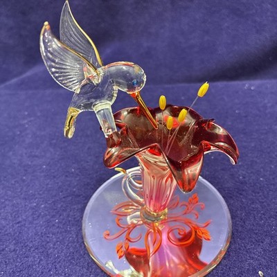 Glass Baron Hummingbird Figure with Red Lily Swarovski Crystal Accnt 22 ...