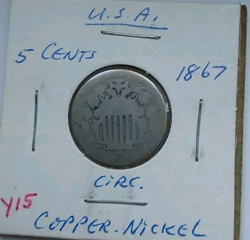 1867 No Rays Shield Nickel Good Five Cent US Coin Legible Date Free ...