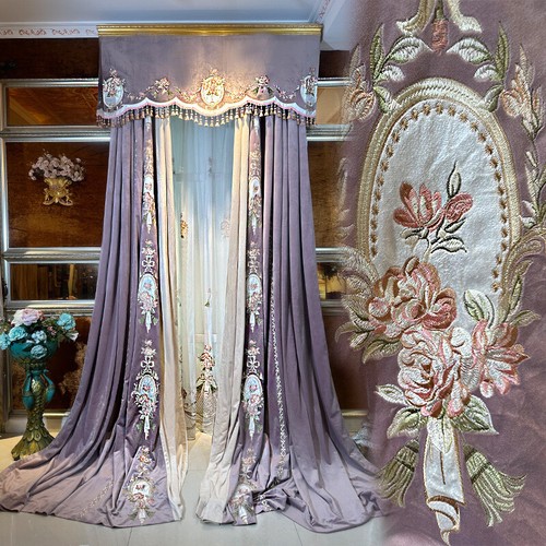 Custom luxury European villa window purple velvet cloth curtain valance ...