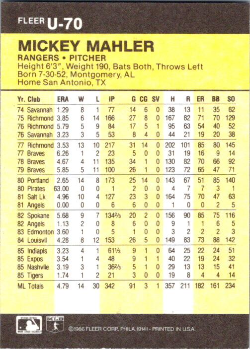 Mickey Mahler 1986 Fleer Update #U-70 Baseball Card | eBay