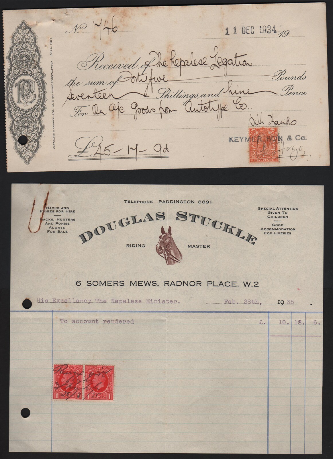 GREAT BRITAIN NEPAL LEGATION SELFRIDGES THOMAS COOK RECEIPTS 1934/35 ...