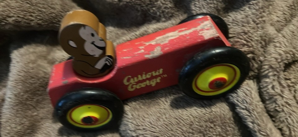 CURIOUS GEORGE Monkey Wooden Red Racing Car Handcrafted Schylling ...