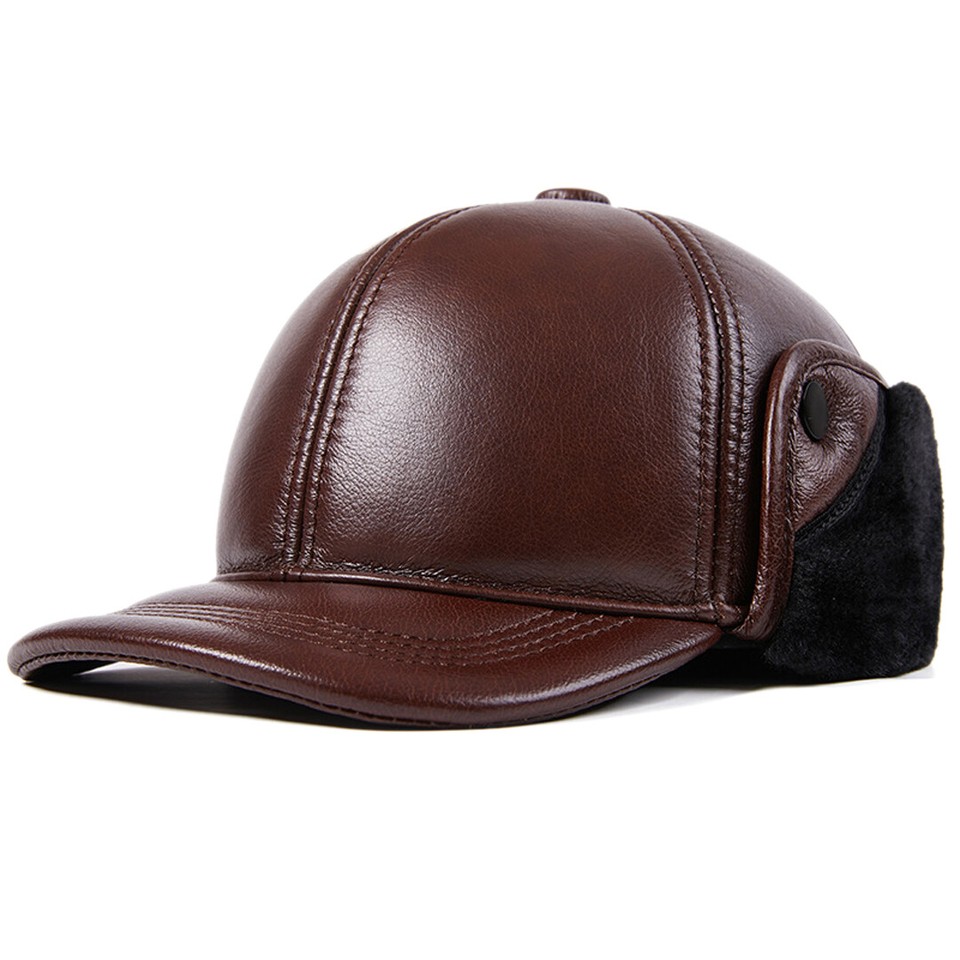 100% Genuine Leather Bomber Trapper Baseball Cap Ushanka Hunting Ear ...