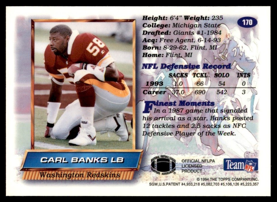 1994 Finest Carl Banks Washington Redskins #170 | eBay