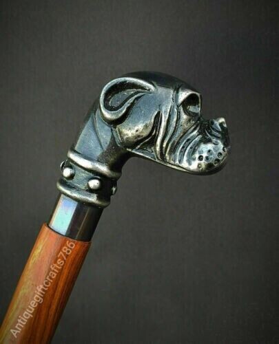 Antique Brass Designer Dog Head Handle Round Wooden Walking Stick Cane ...
