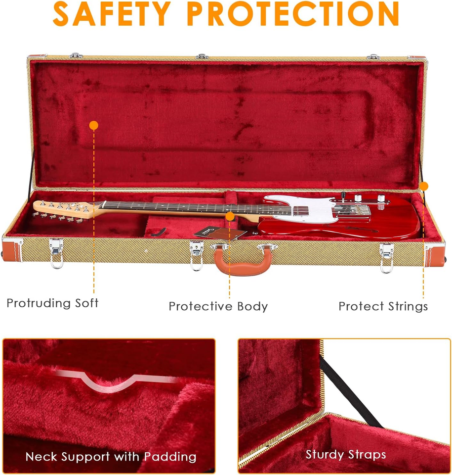 Electric Guitar Hard Case, Rectangle Wooden Standard 39-Inch Electric ...