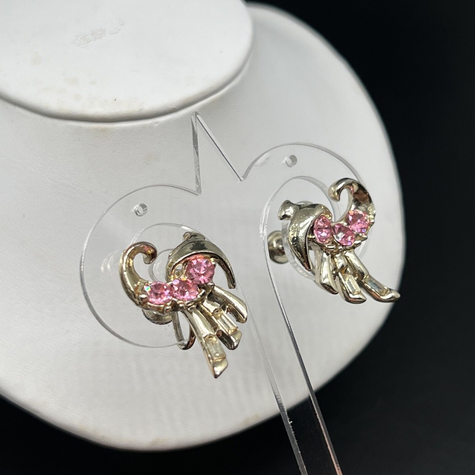 Vintage Pink Clear Rhinestone Earrings with Screw Backings Mid Century ...