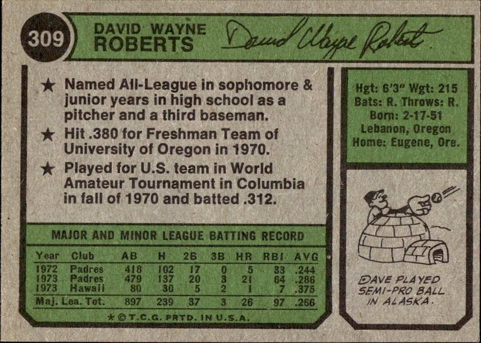 1974 Toops Dave Roberts San Diego Padres #309 | eBay