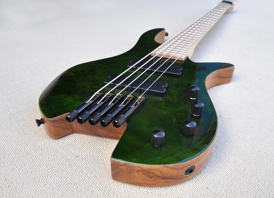 Green 5 Strings Headless Electric Bass Guitar with Slanted Frets Maple ...