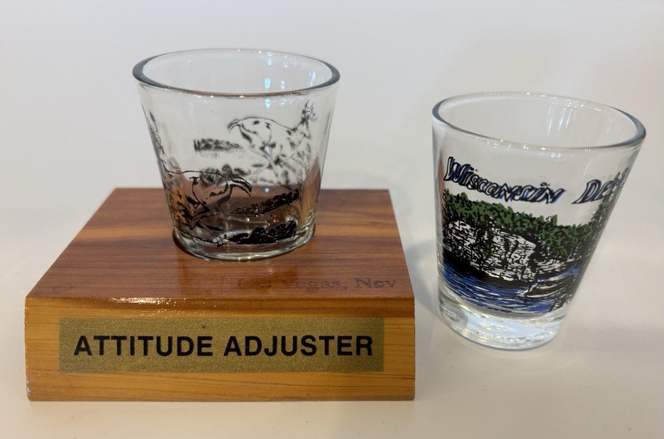 Vintage Wooden Las Vegas Shot Glass Holder “Attitude Adjuster” w/ 2 ...