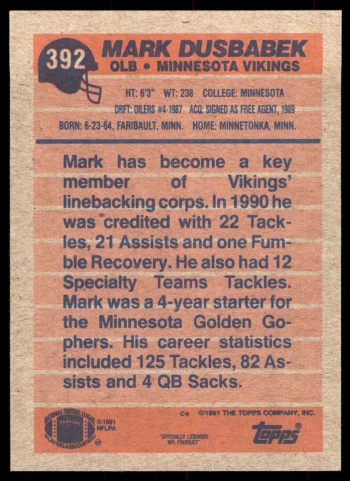 1991 Topps Mark Dusbabek Rookie Minnesota Vikings #392 | eBay