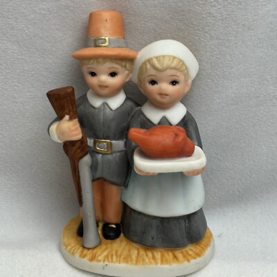 Vintage Lefton China Pilgrim Figurine Couple with Thanksgiving Turkey ...