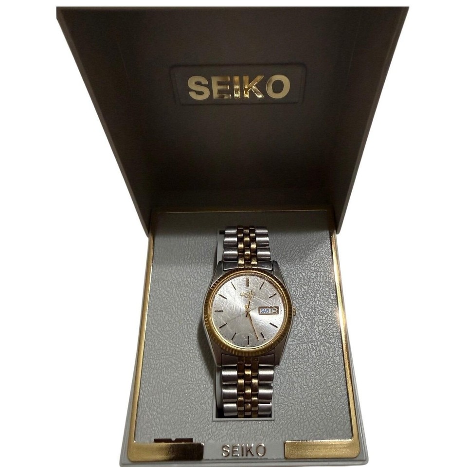 Seiko Mens 7N43-8111 Quartz Two Tone Jubilee Bracelet Watch Silver Dial ...