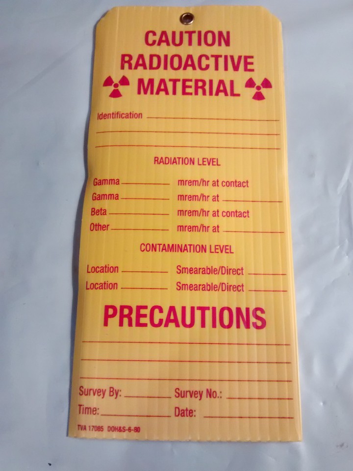 Vintage Radioactive Material Tag marker 7-7/8" Long x 3-7/8" W Plastic ...