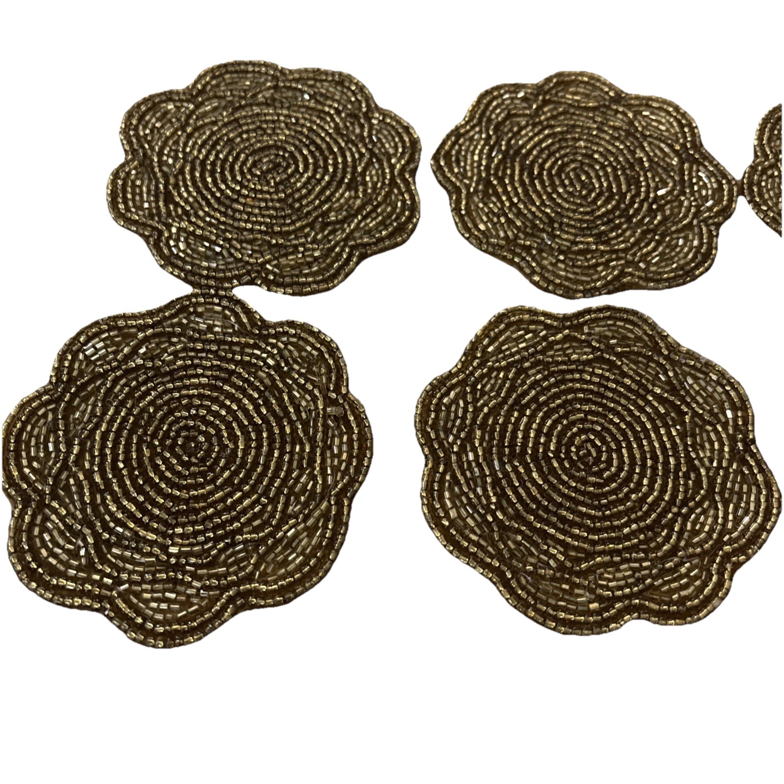 Gold Glass Beaded Coasters W/Scalloped Edges 4” Diameter Set Of 8 Satin ...