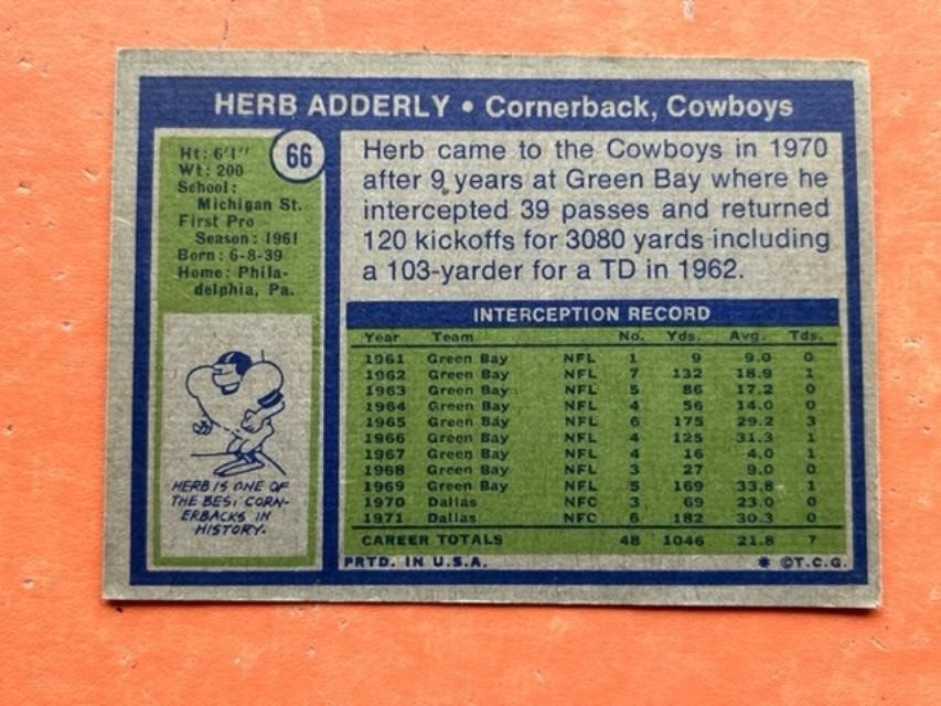 1972 Topps # 66 Herb Adderly COWBOYS NM-MT SHIPS FREE IN NEW TOP LOADER ...