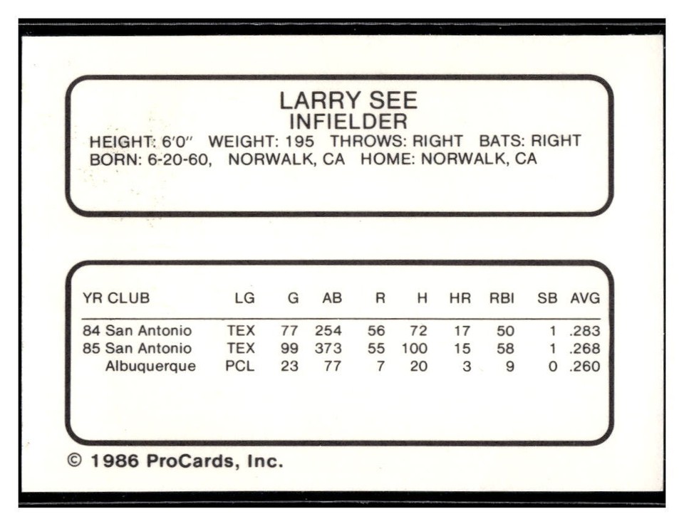 Larry See 1986 ProCards Albuquerque Dukes #22 Los Angeles Dodgers | eBay