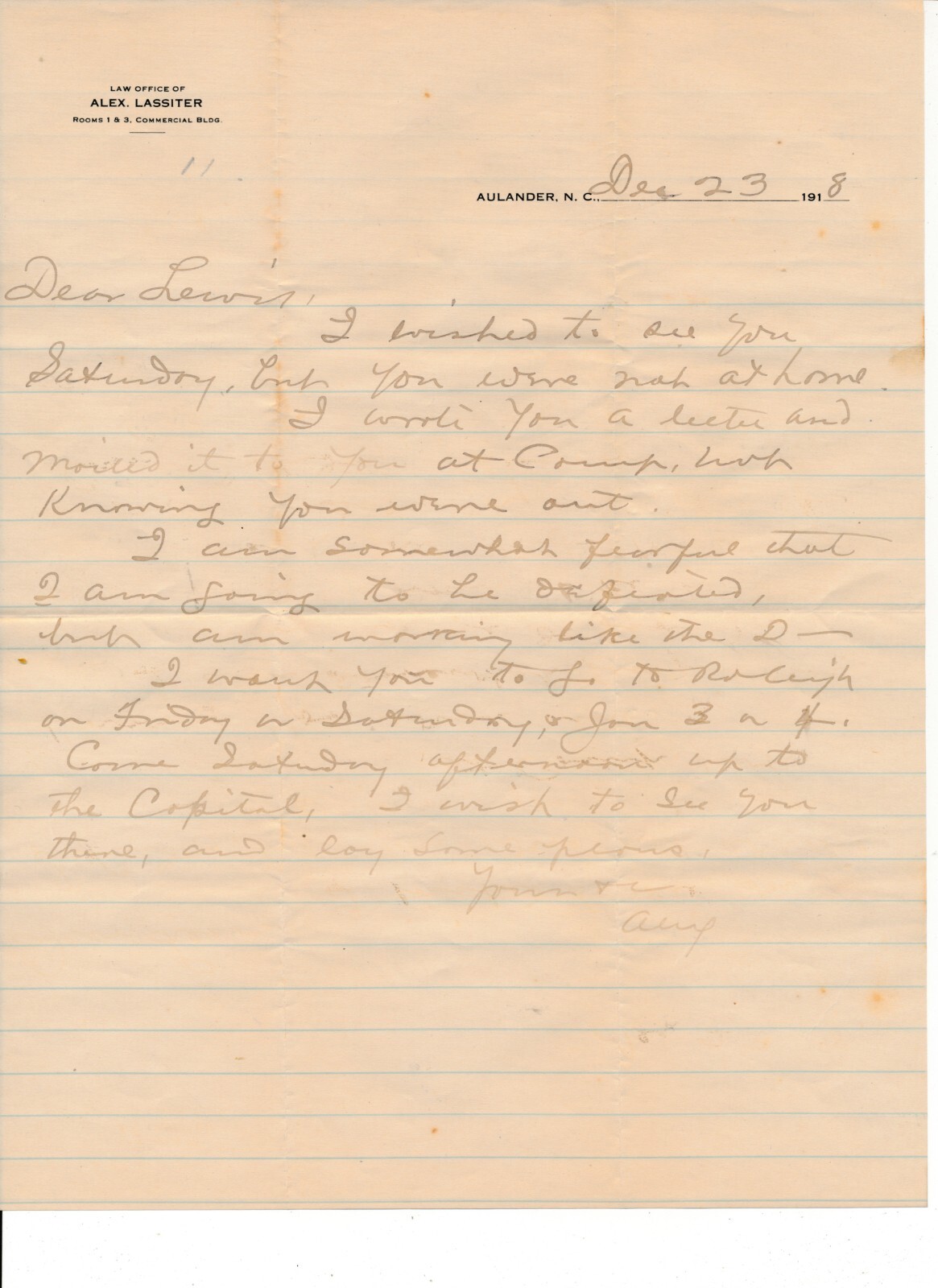 Vintage Letter and Envelope from Alex Lassiter - NC House of Rep Clerk ...