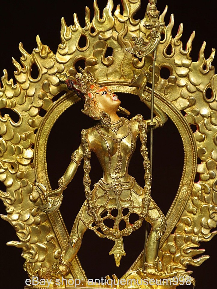14" Old Chinese Buddhism Copper Gilt Backlight Vajrayogini Vajravarahi ...
