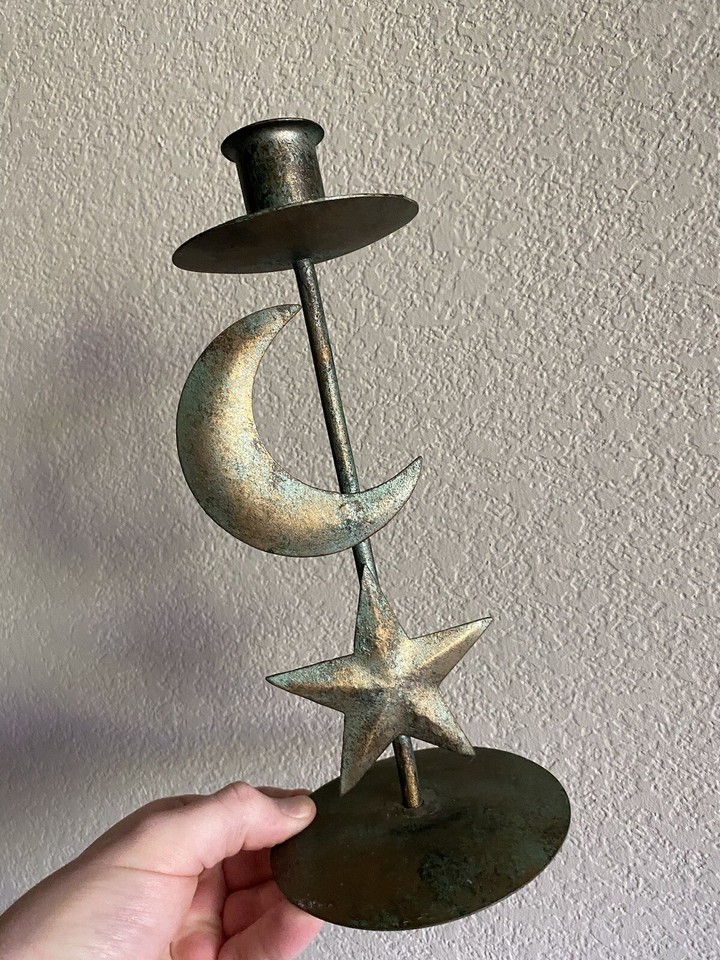 Brutalist Celestial Metal Art Green Patina Candle Holders Star Moon Whimsigoth | eBay
